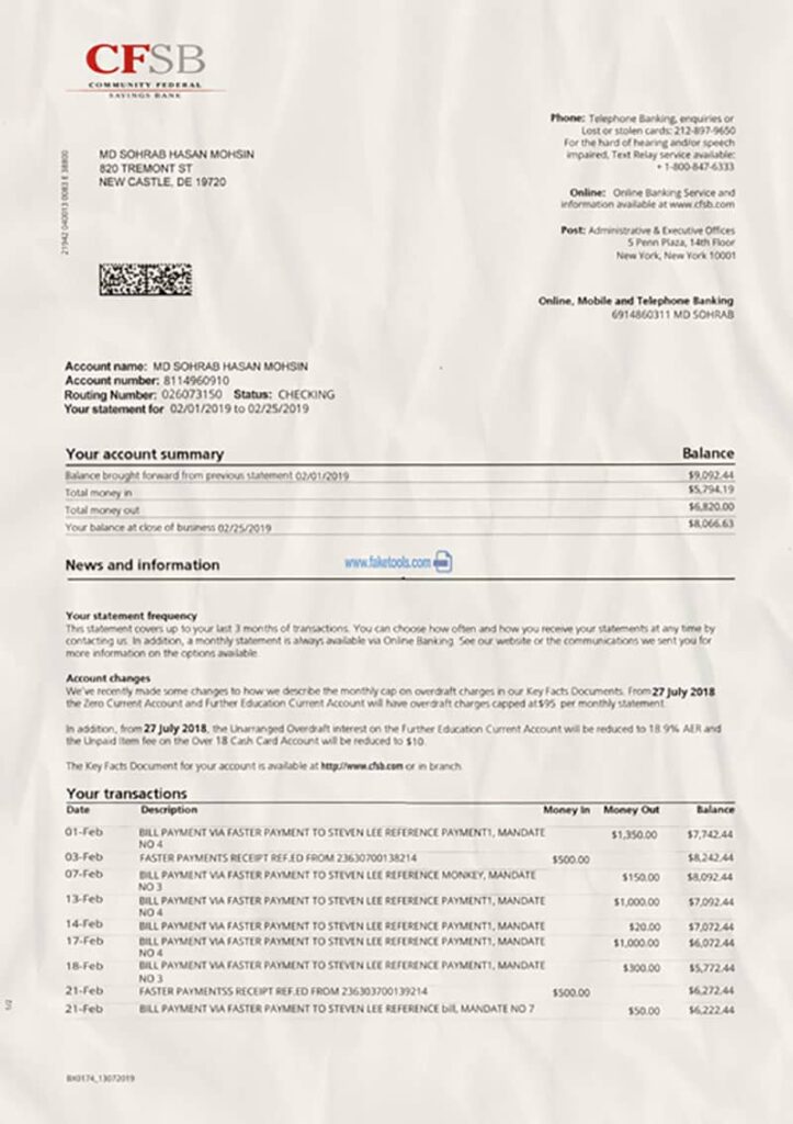 Community Federal Bank Statement Template – PSD File
