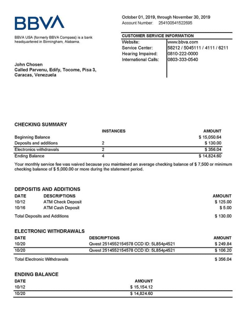 USA BBVA Bank Statement Template - Doc File