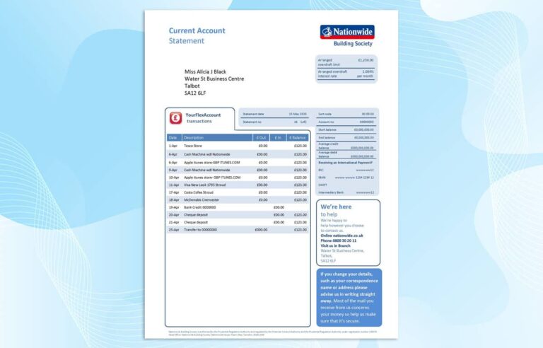 UK Nationwide Bank Statement Template - Doc File
