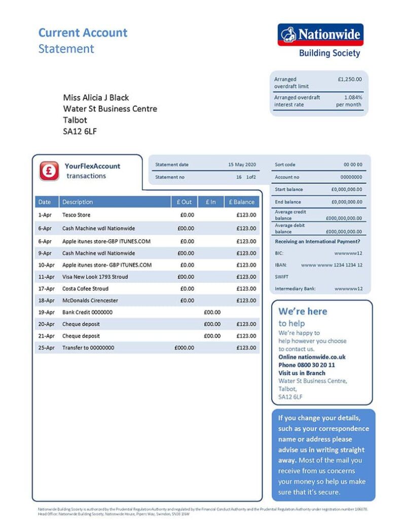 UK Nationwide Bank Statement Template - Doc File
