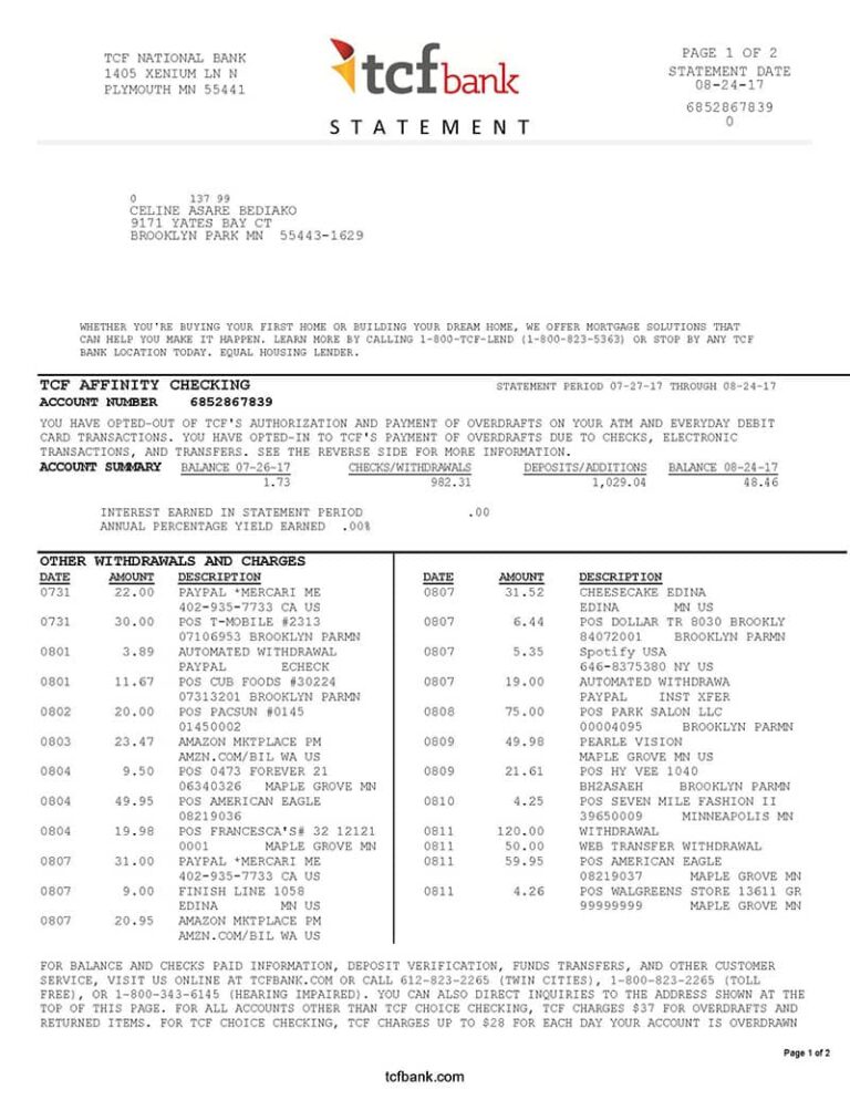 USA TCF Bank Statement Template - Doc File