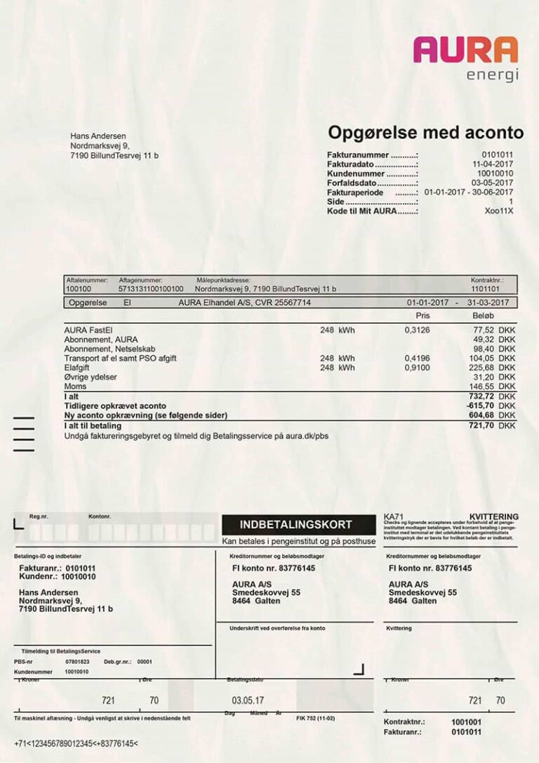 Denmark Utility Bill Template (Aura Energi) - Proof of address