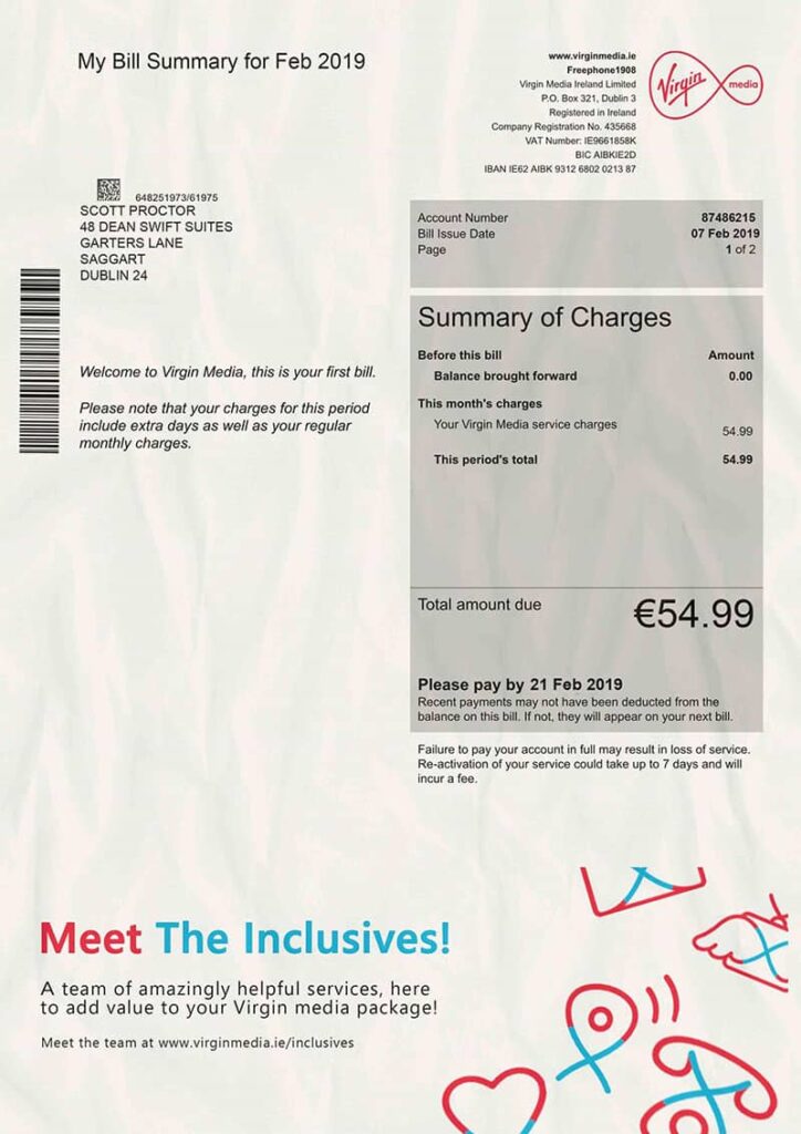 Ireland Utility Bill Template (Virgin Media) - Proof of address